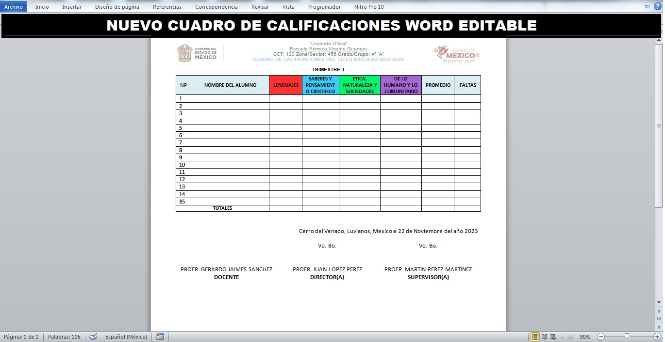 GRATIS Cuadro de Calificaciones 100% Editable en Word